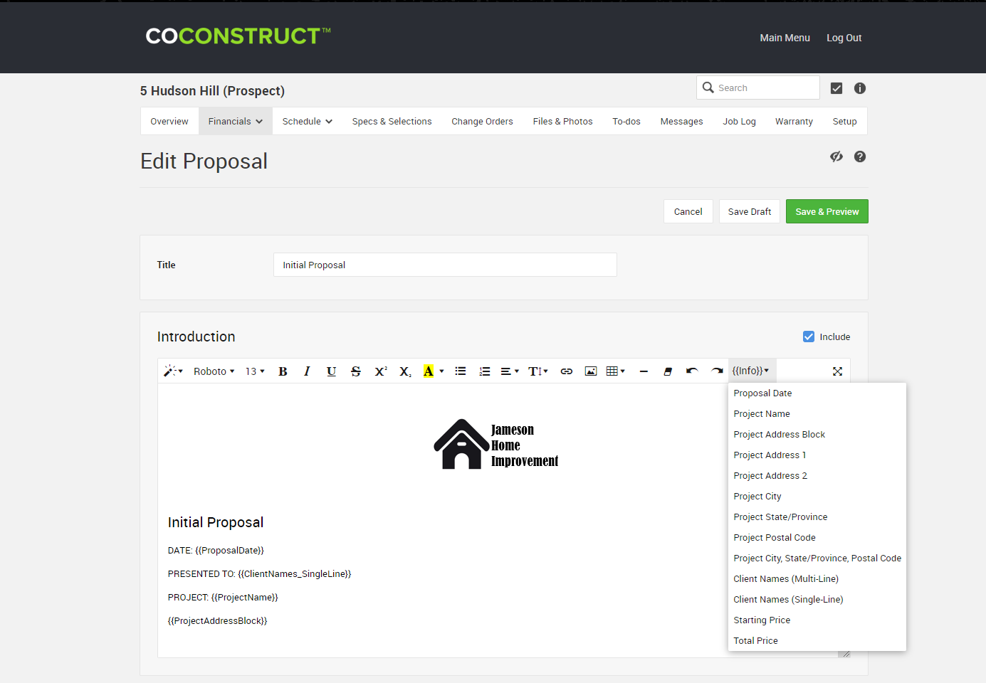 Inserting & Customizing Project Data on Proposals | CoConstruct
