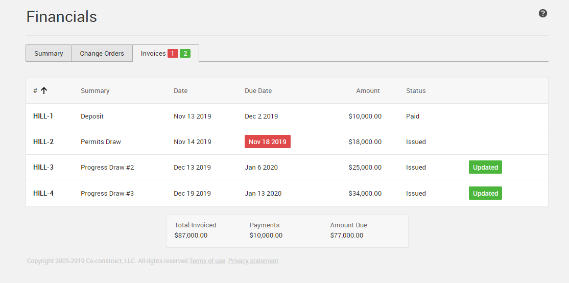 Client View of Invoices | CoConstruct